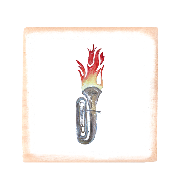 flaming tuba square wood block - Tina Labadini Designs