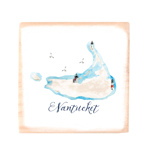 nantucket map with three lighthouses square wood block - Tina Labadini ...